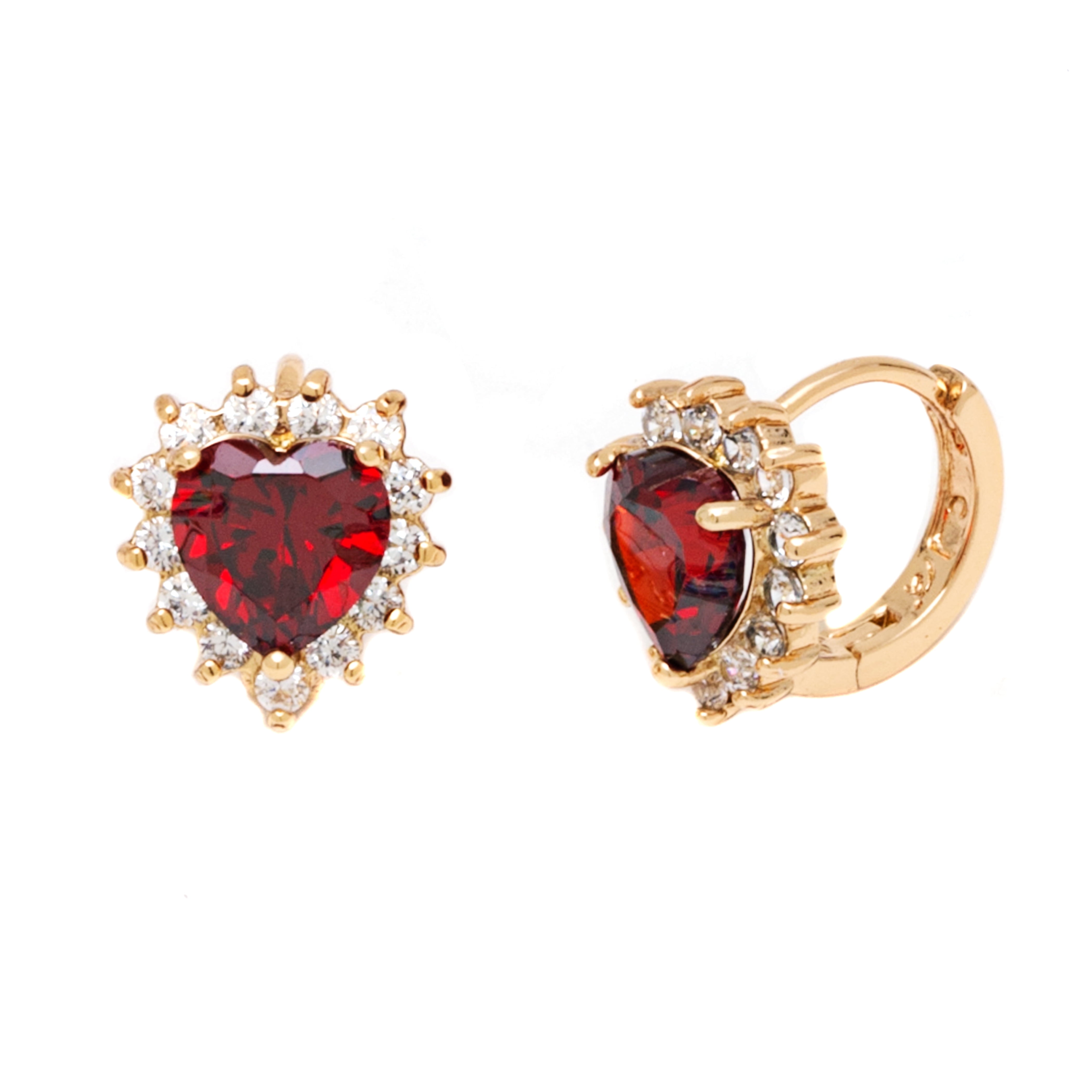 Amy and Annette, 18K Gold Plated Lab Ruby Heart Earrings, Omega Back ...