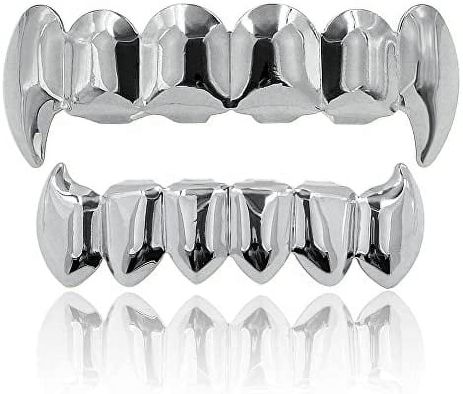 18K Gold Silver Plated Hip Hop Vampire Fangs Top Bottom Teeth Grillz ...