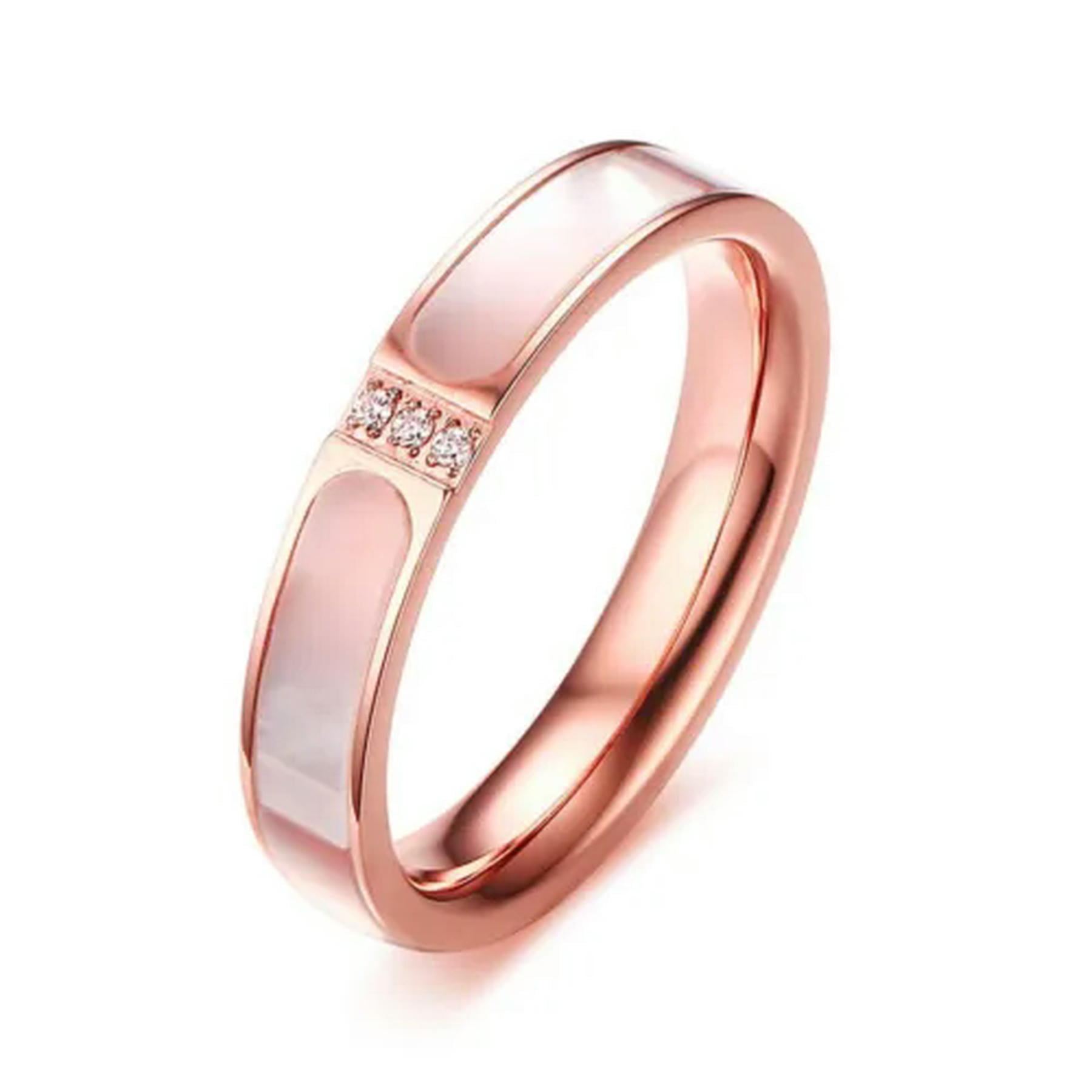 18K Rose Gold 3-stones CZ Bands Women's 4mm Stainless Steel Wedding ...