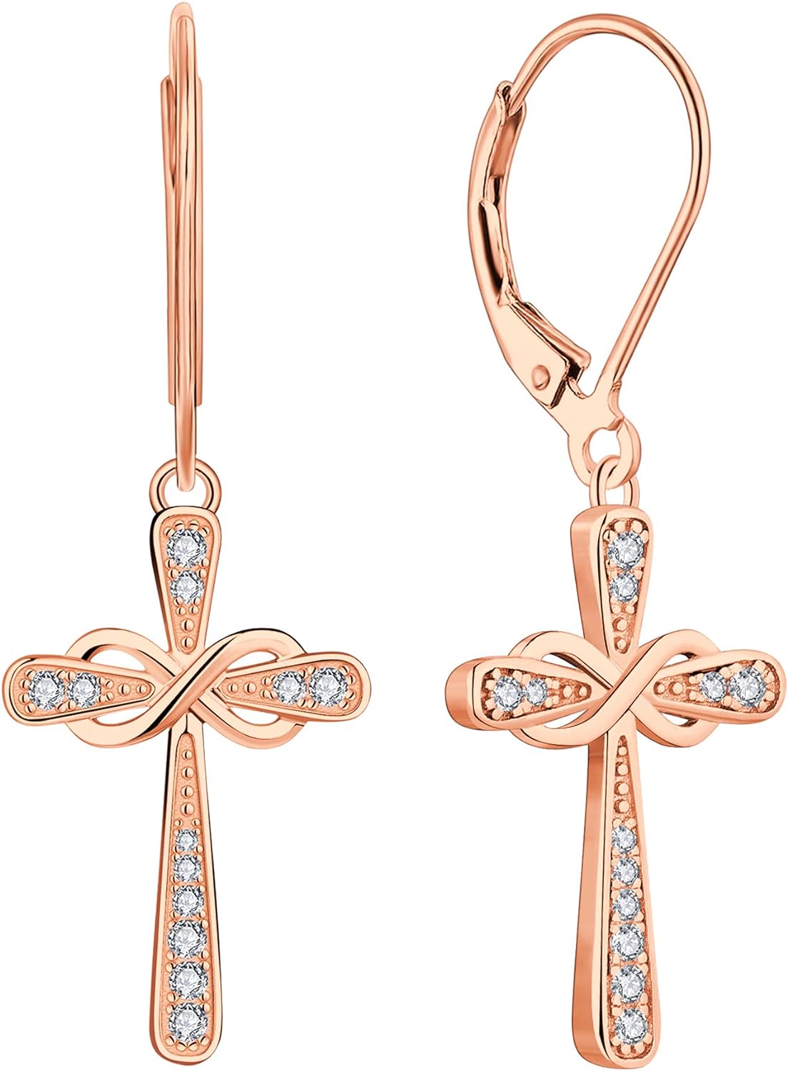 18K Rose Gold Cross Earrings Sterling Silver Infinity Dangle Drop ...