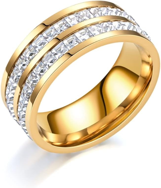 18K Rose Gold Titanium Steel Ring with Wide Version Double Row Cubic ...