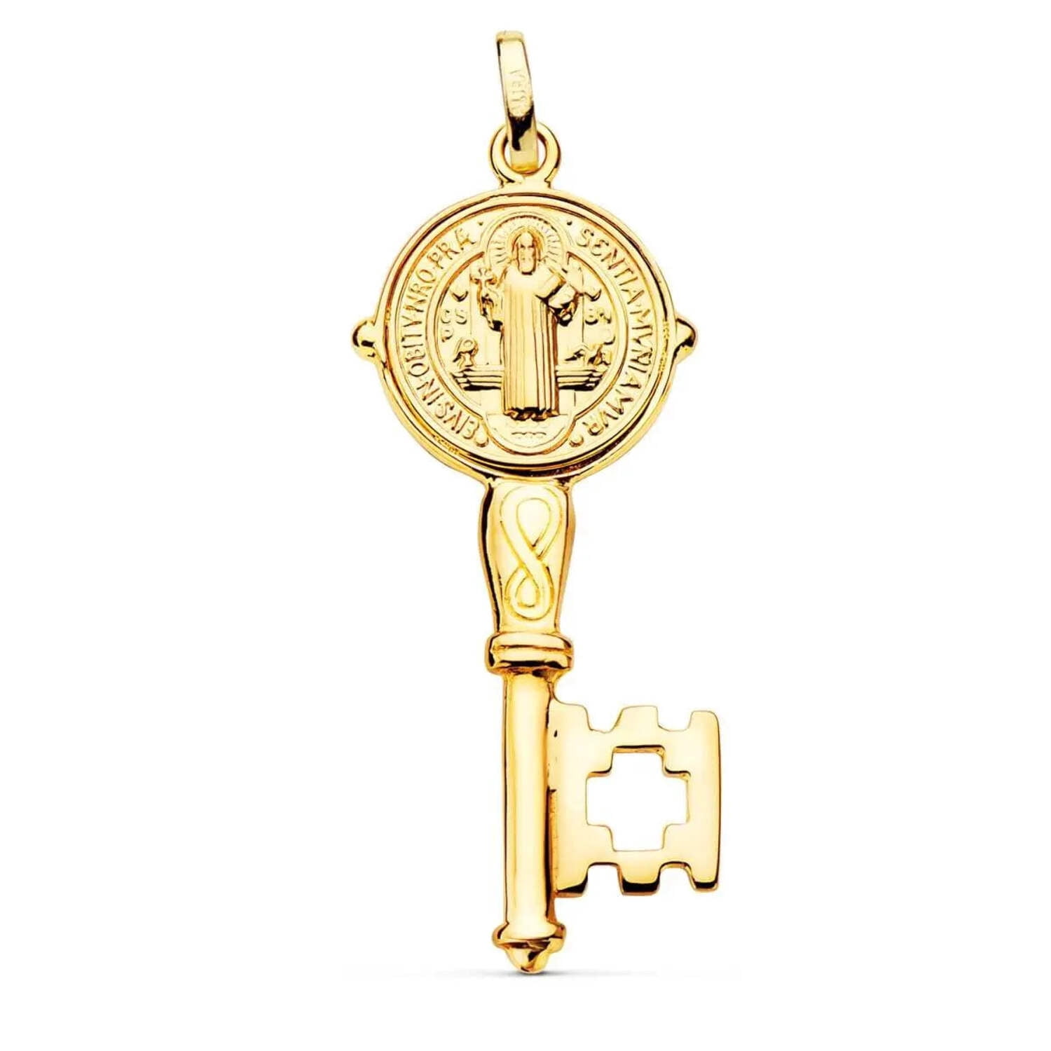18K Solid Gold Saint Benedict Double Sided Medal and Cross Key pendant ...