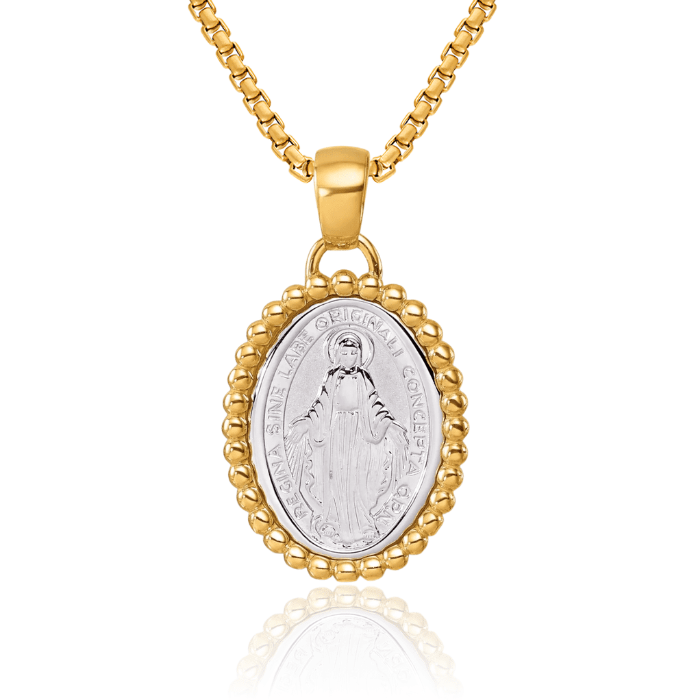18K Solid Two Tone Gold Beaded Our Lady of Miraculous Medal Blessed ...