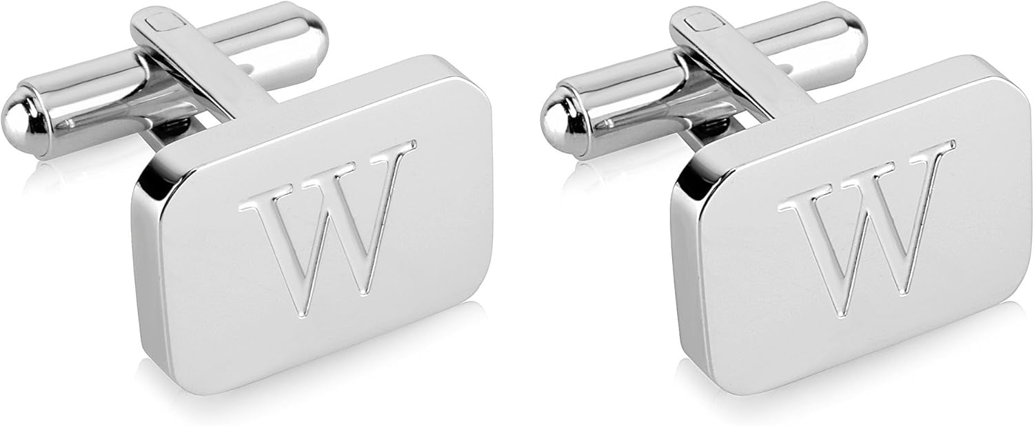 18K White-Gold Plated Initial Engraved Stainless Steel Men’s Cufflinks ...