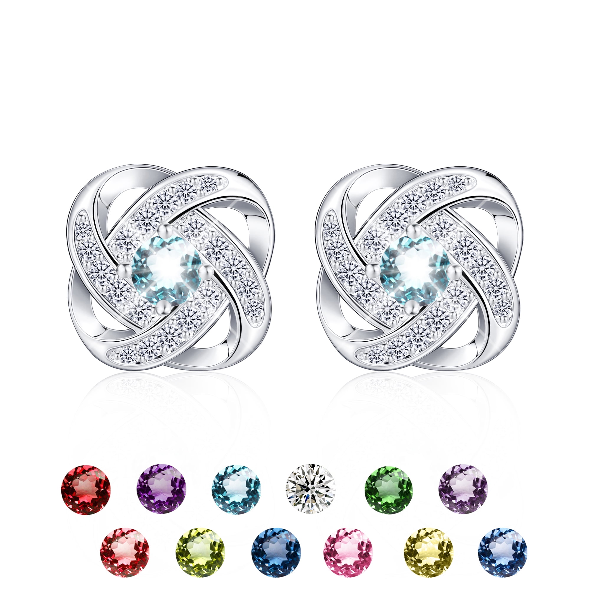 18K White Gold Stud Earrings for Women Girls,Love Knot Stud Earrings,S925 Sterling Silver March ...