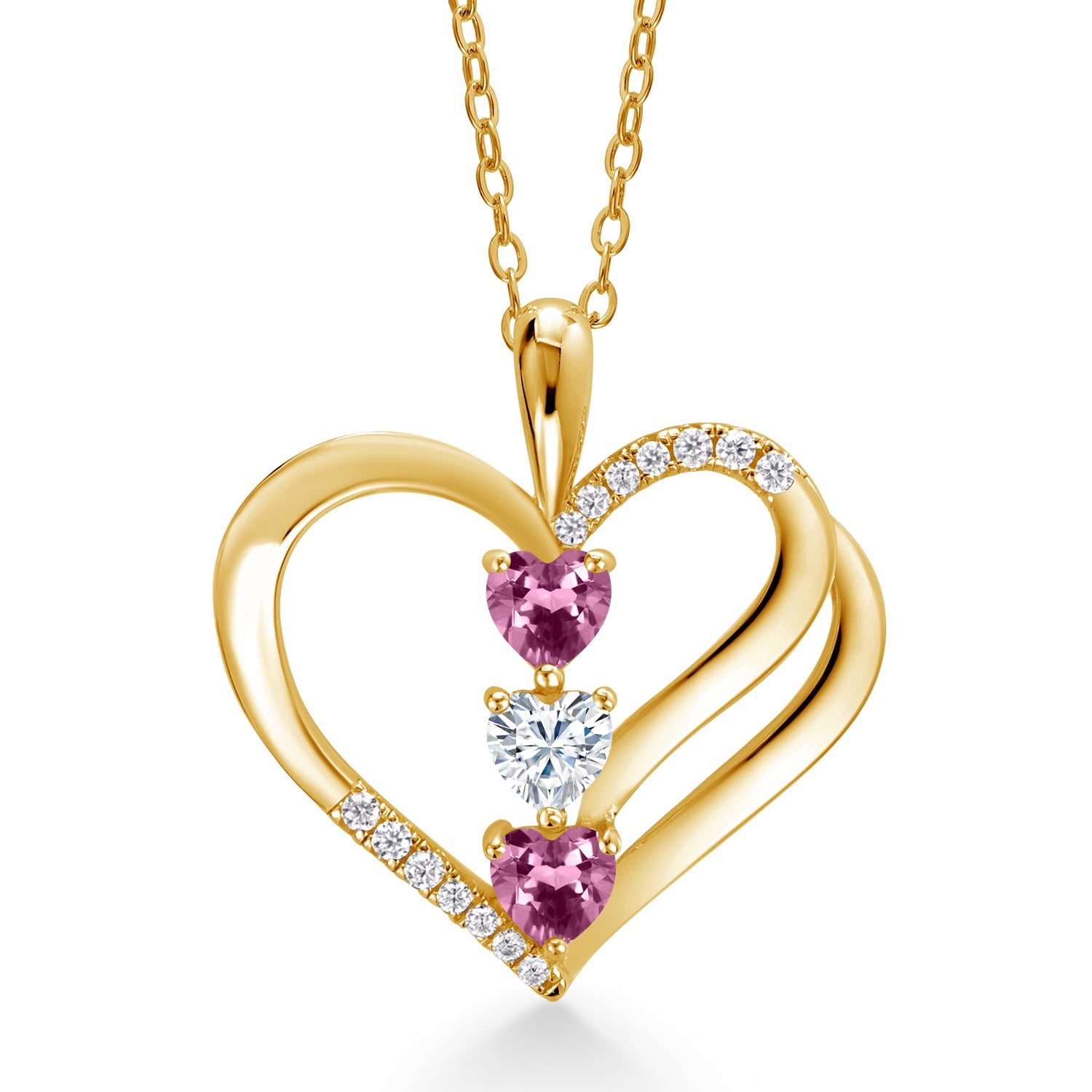 18K Yellow Gold Plated Silver Pink Tourmaline and White Moissanite 3 ...