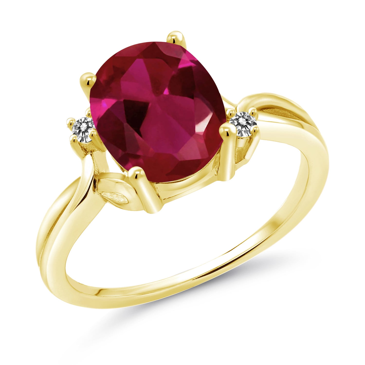 18K Yellow Gold Plated Silver Red Created Ruby and Diamond 3-Stone Ring ...