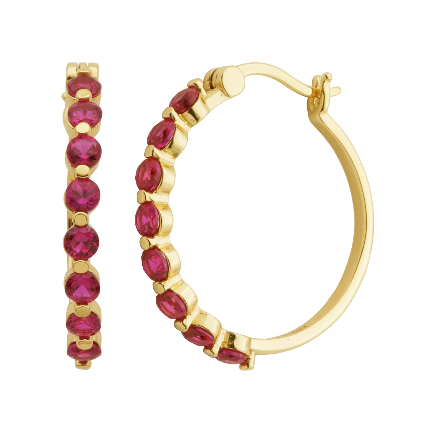 18K Yellow Gold over Sterling Silver Synthetic Red Ruby Hoop Earrings ...