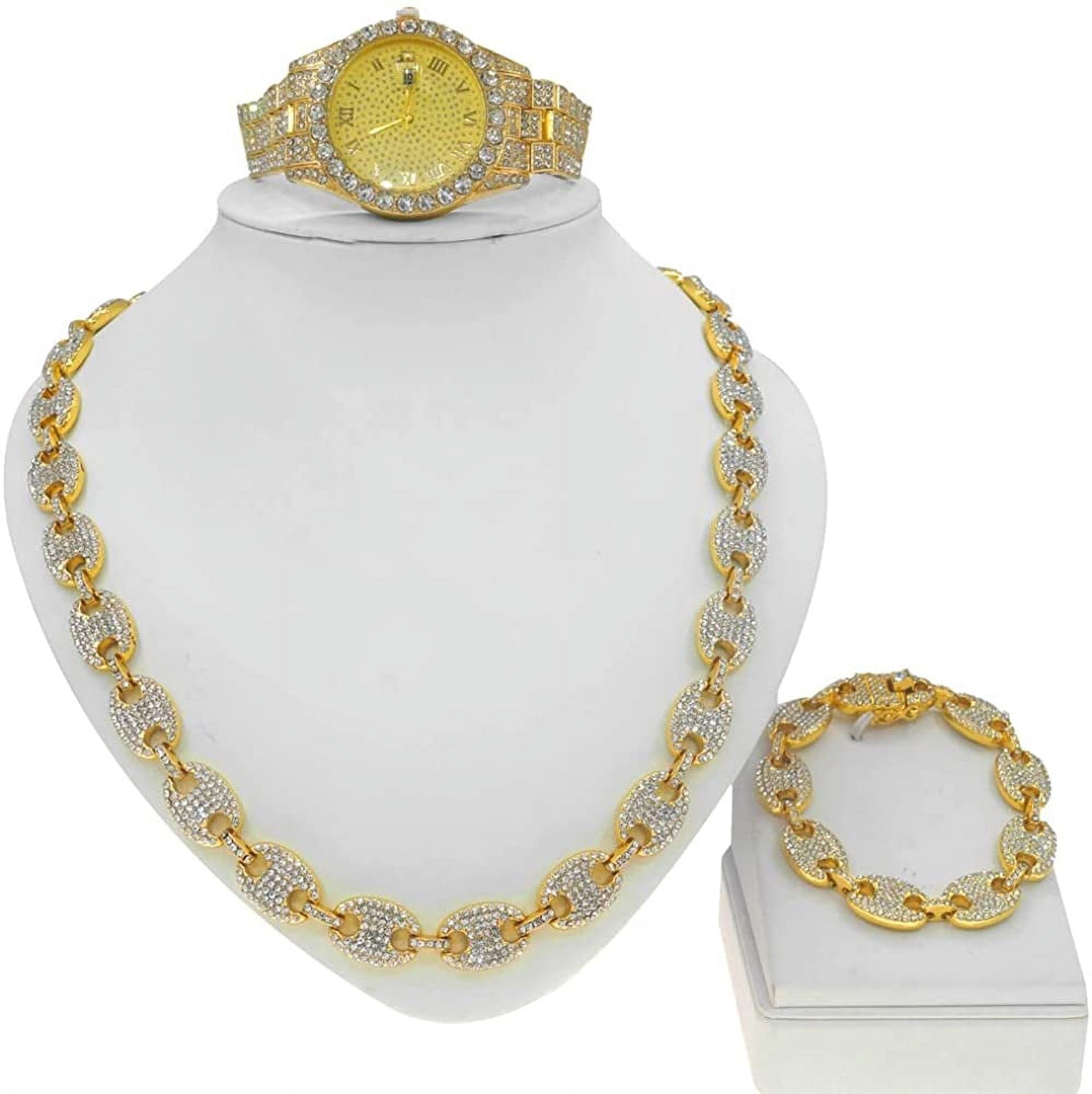 18KT Men's Watch Set Iced Out Hip Hop Luxury Micro Pave 3 Pieces set ...