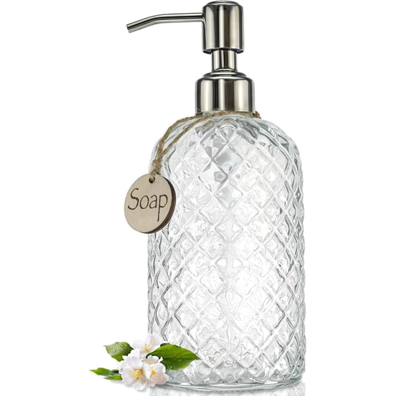18Oz Gem Patterned Clear Glass Soap Dispenser with Rust Proof Pump ...