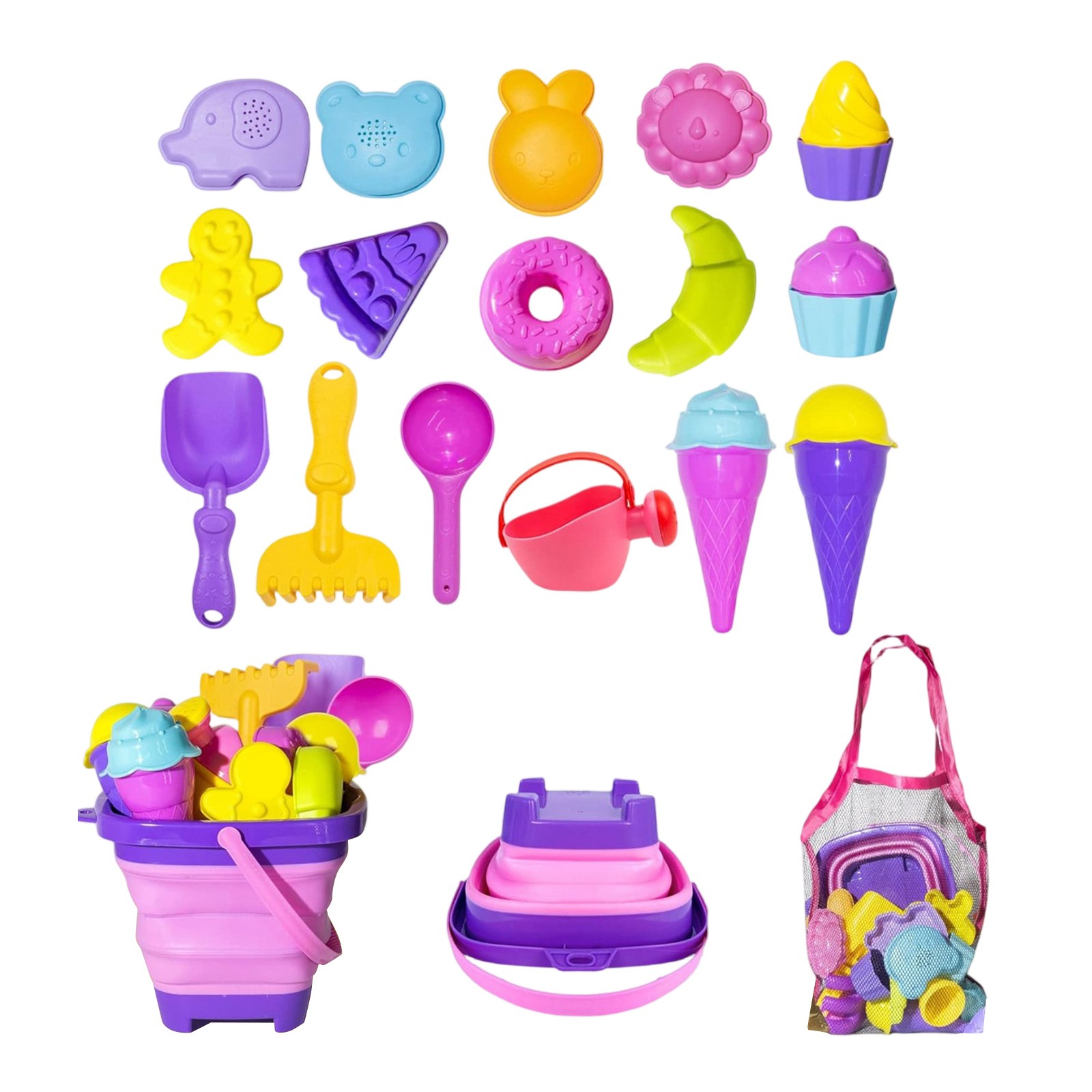 18PC Kids Beach Toys Set with Folding Buckets Shovels Shell Collection ...