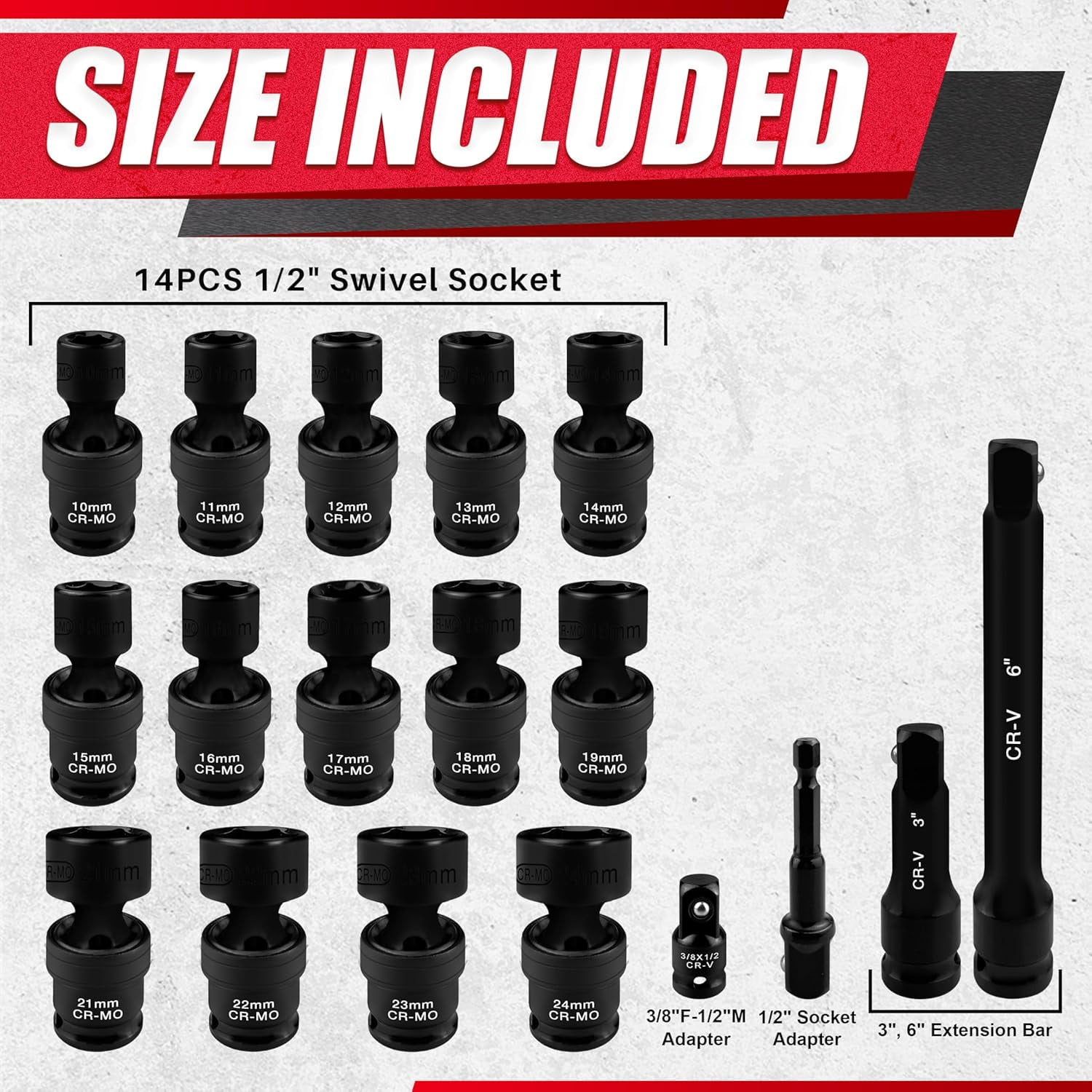 18PCS 1/2" Drive Shallow Universal Impact Socket Set, Swivel Socket Set ...