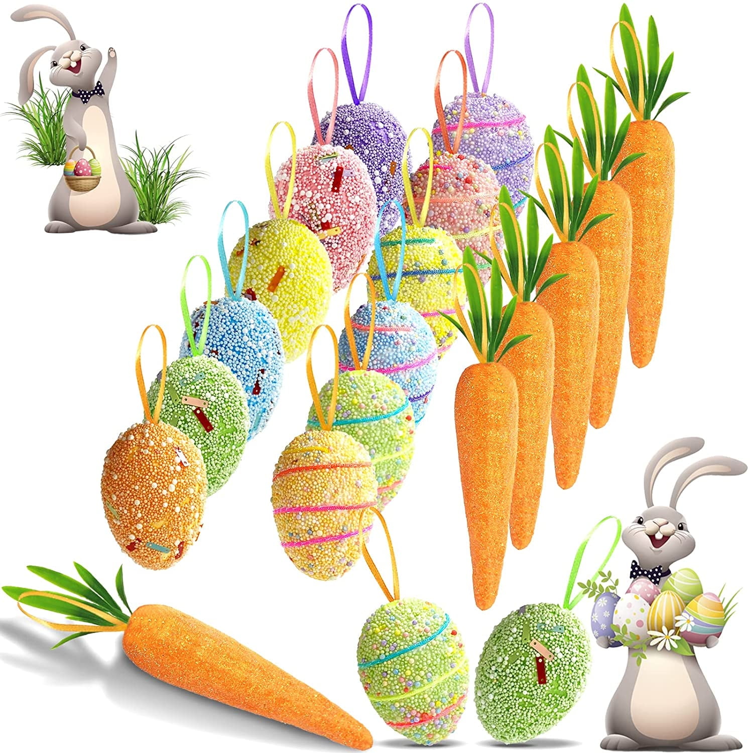 18PCS Easter Egg and Carrot Hanging Ornaments, Colorful Foam Easter ...