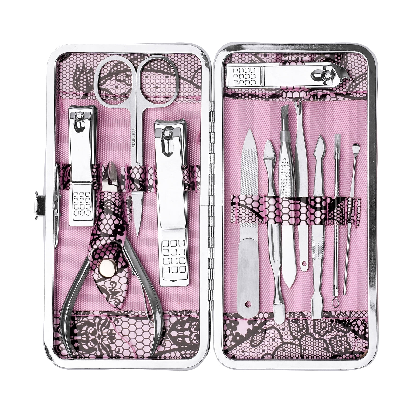Pink12 PCS Manicure set,Stainless Steel Nail Clipper,Fingernail Clipper ...