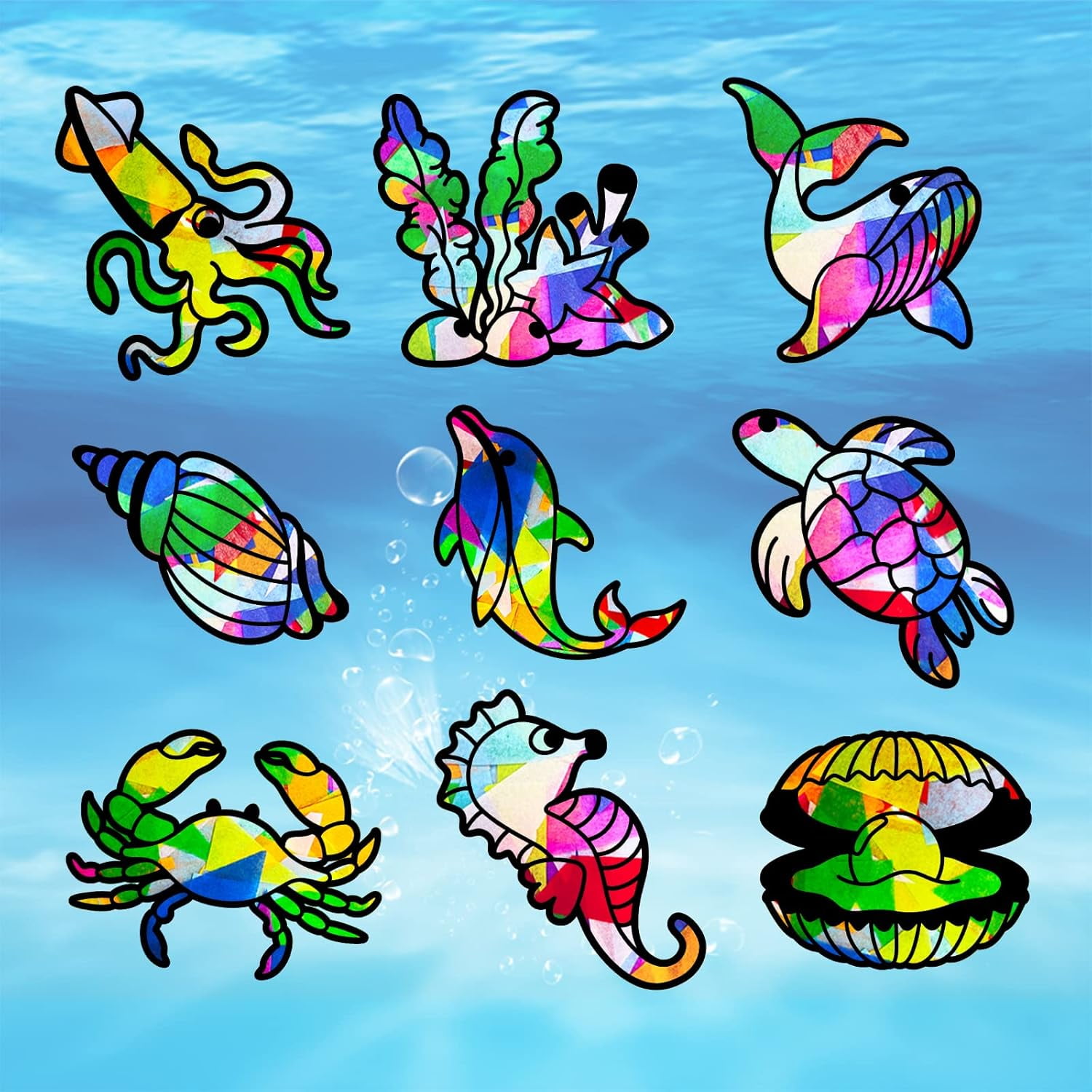 18PCS Sea Creatures Stained Glass Paper Suncatcher Dolphin/Crab/Conch ...