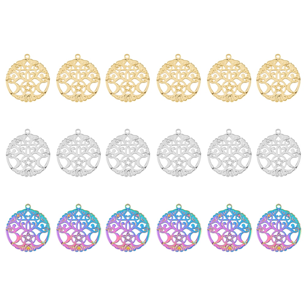 18Pcs 3 Colors 304 Stainless Steel Pendants Flat Round with Moon & Star ...