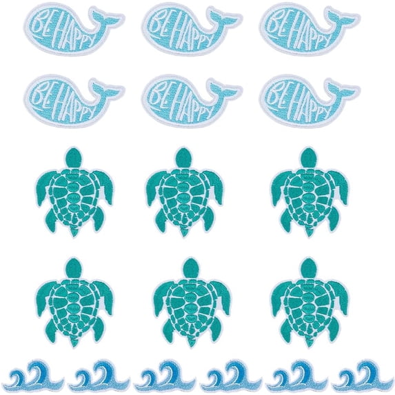 18Pcs 3 Styles Sea Theme Embroidered Patches Sea Turtle Whale Wave Iron ...