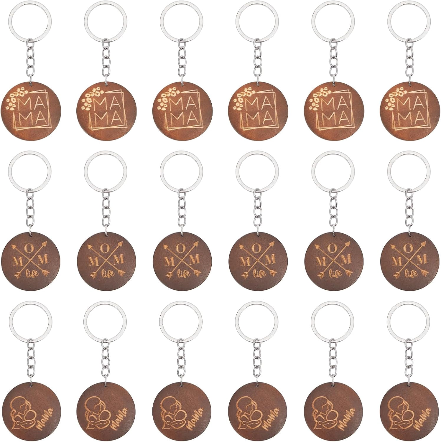 18Pcs 3styles Moms- Engraved Wood Key Chain Engraved Wooden Flat Round ...