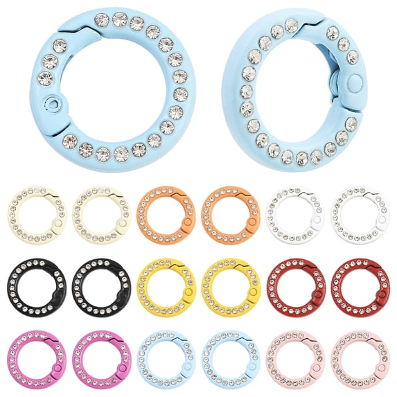 18Pcs 9 Colors Zinc Alloy Rhinestone Spring Gate Rings Flat Round Mixed ...