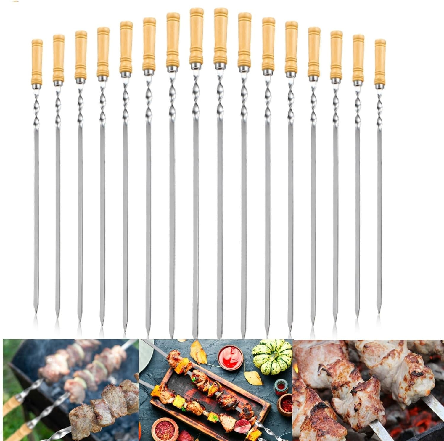18Pcs BBQ Barbecue Skewers Stainless Steel Sticks with Wooden Handle ...