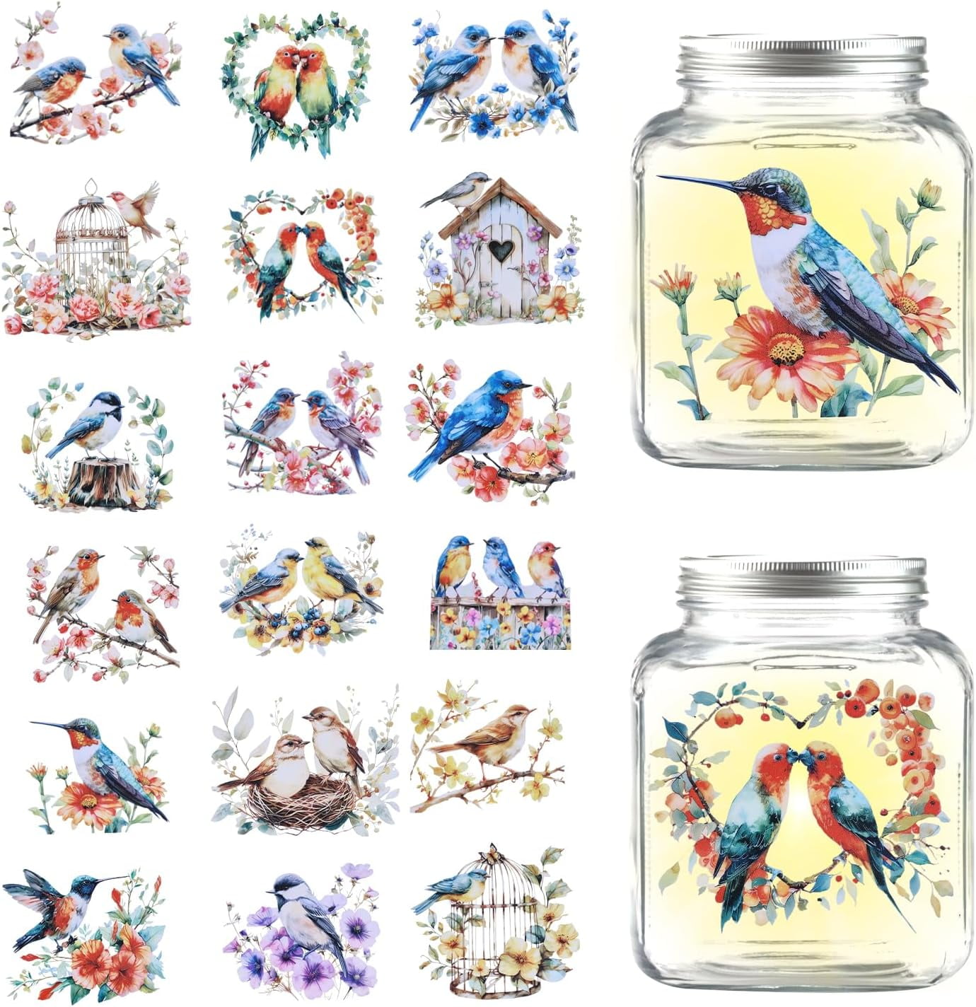 18Pcs Flowers and Bird Transfer Stickers 3.9x3.6inch Hummingbird Branch ...