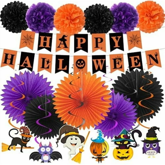 18Pcs Halloween Office Decor Kit - Black/Purple/Orange Banner, Paper ...