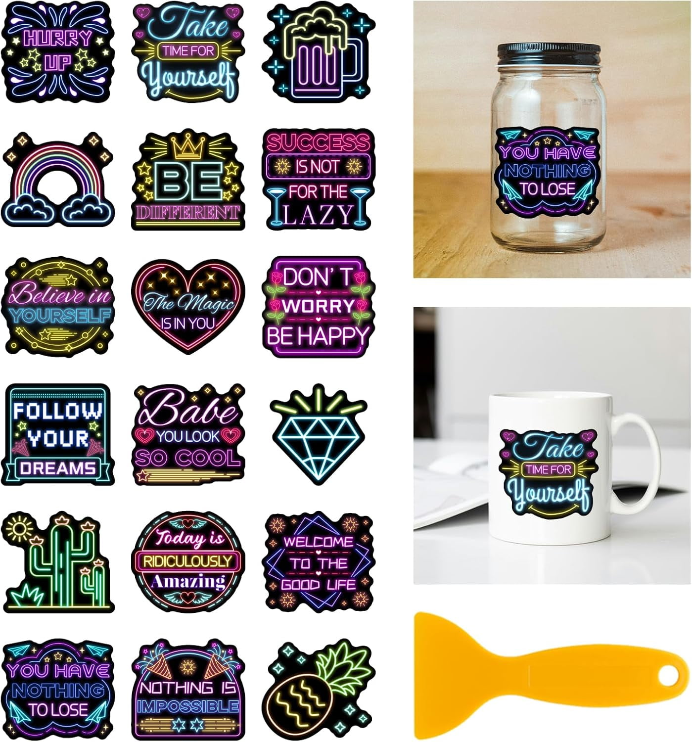 18Pcs Neon Elements Rub on Transfer 3.9x3.6inch Colorful Stars Rainbow ...