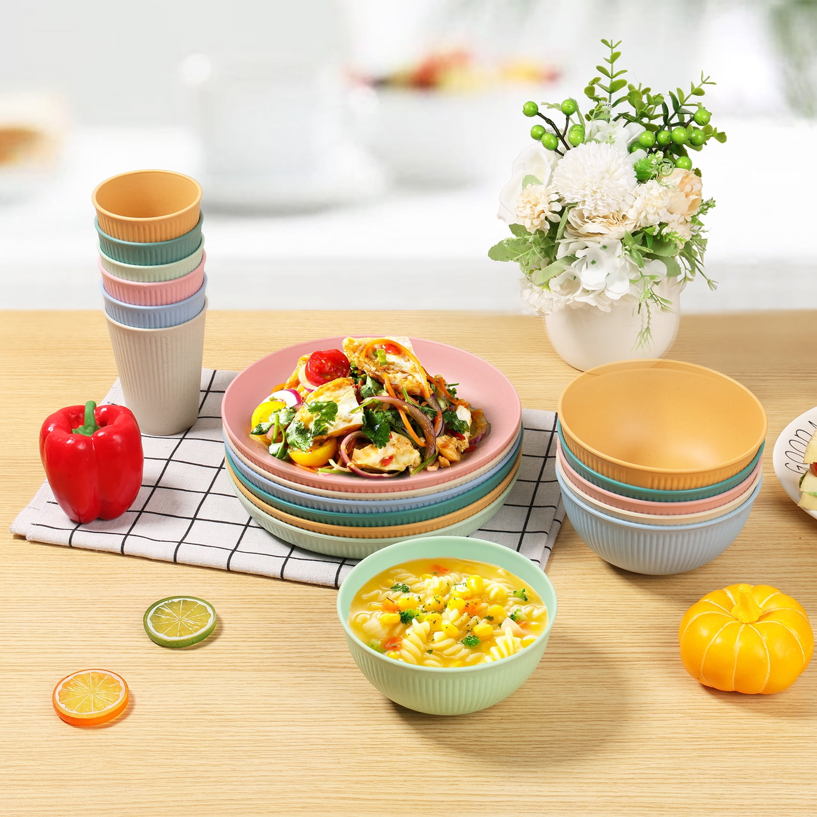 18Pcs Plastic Striped Camping Plates Bowls for Kids and Elderly ...