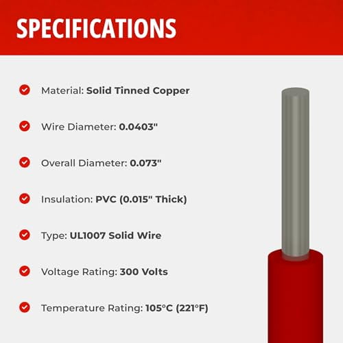 18UL1007SLDWHI UL1007 18 AWG Gauge Solid Hook-Up Wire, 300V, .0403" Diameter, 100' Length, White ...