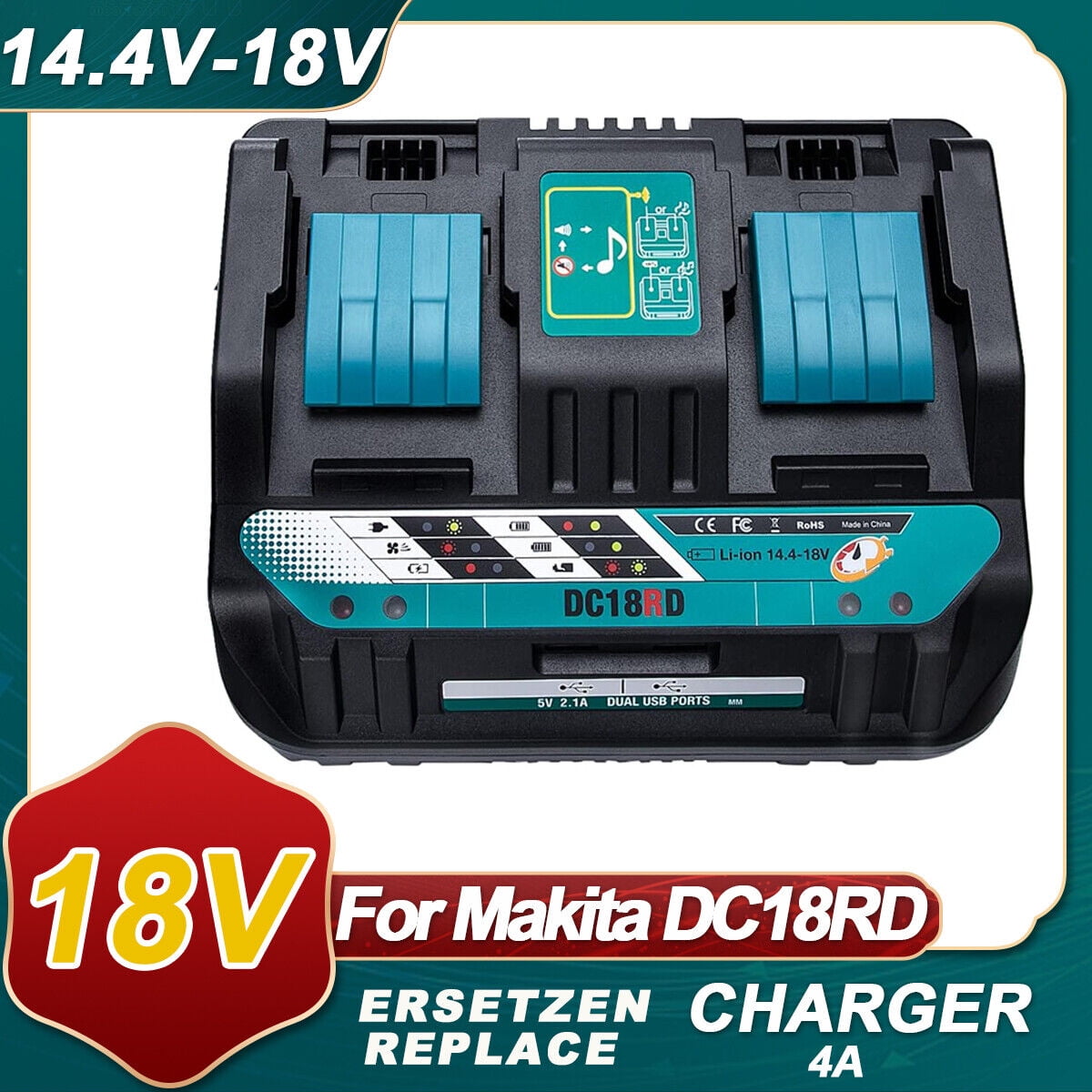 18V DC18RD Dual Ports Battery Charger for Makita 14.4V-18V LXT Lithium-Ion Battery BL1415 BL1430 ...