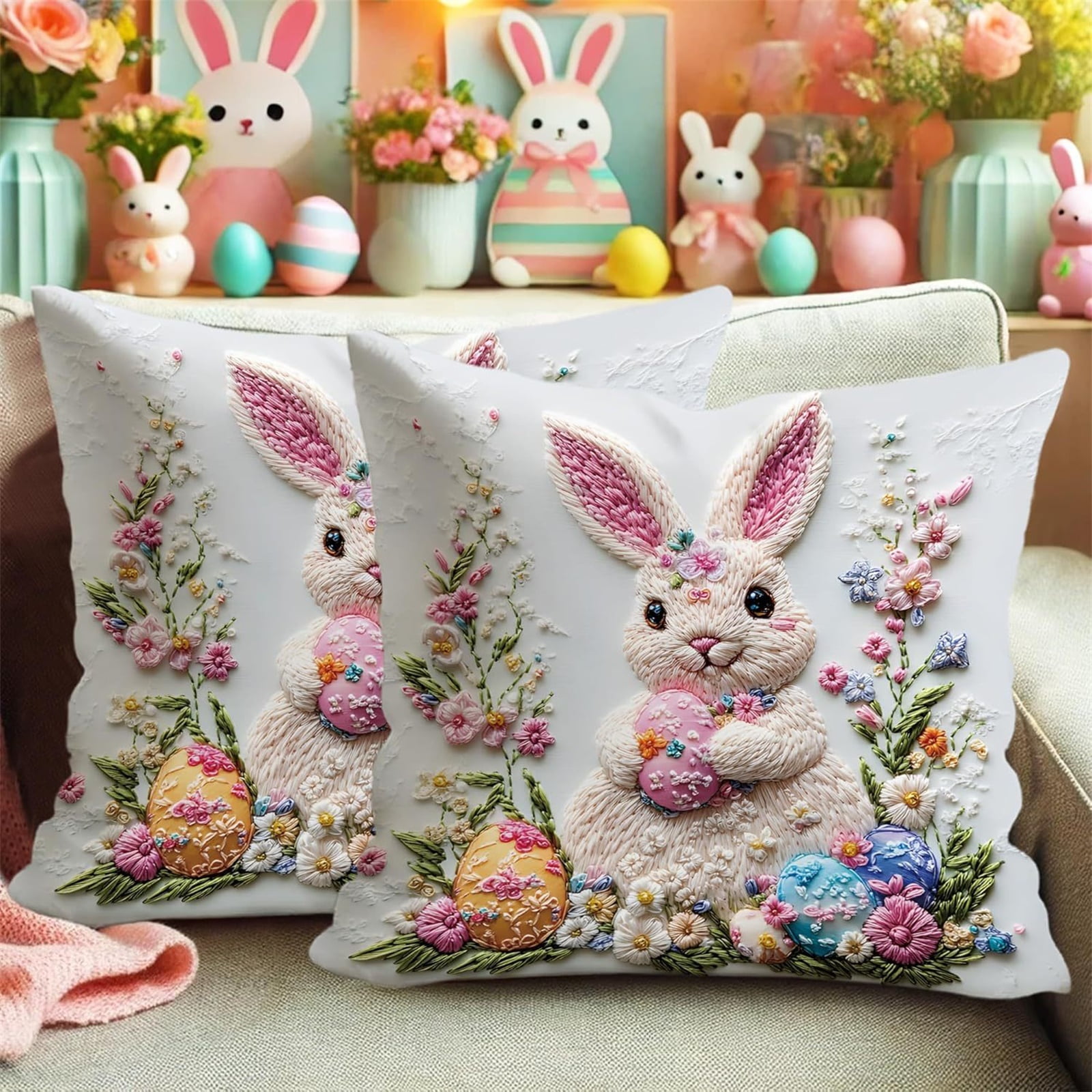 18X18 Inches Easter Bunny Winter Print Decorative Pillowcase, Vintage ...