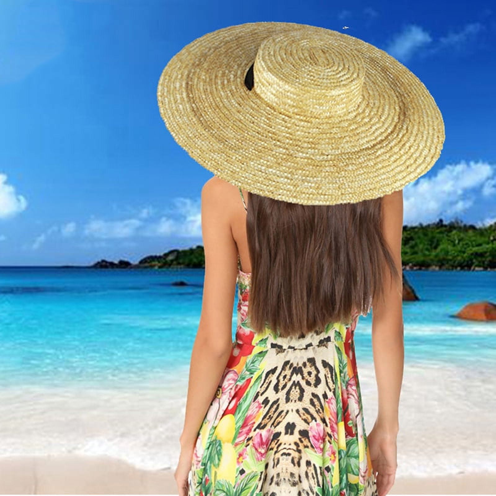 (18cm) Wide Brim Straw Hat For Women Long Ribbon Ladies Beach Hat ...