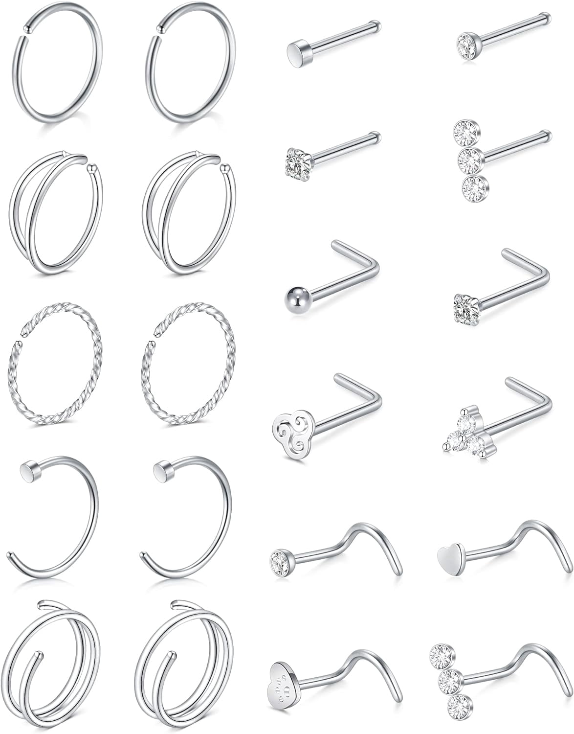 18g & 20g Fine Nose Rings & Hoops - L & C Shape Studs - Surgical ...