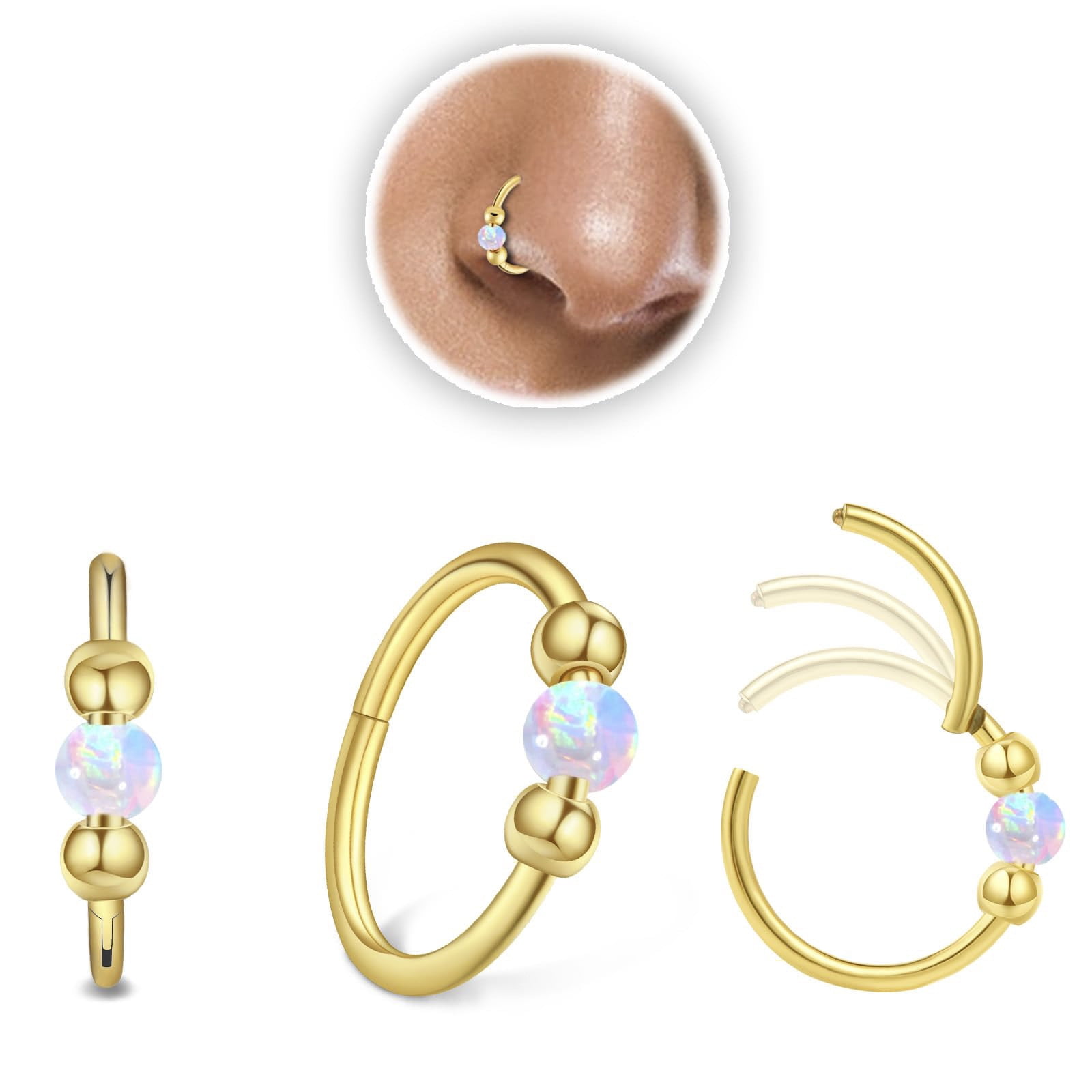 18g Gold Nose Rings Hoops Opal Nose Rings For Women /Real Nose Ring ...