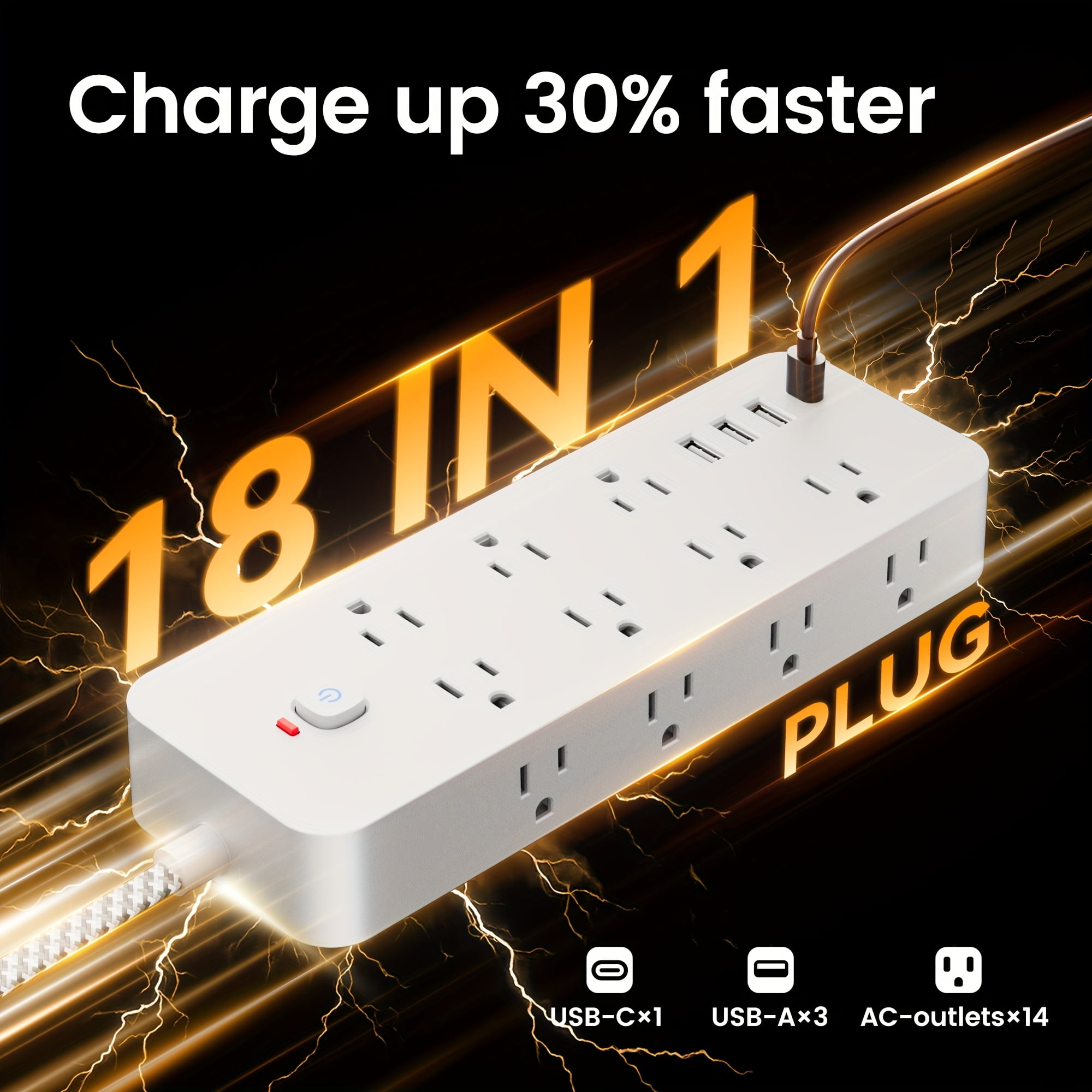 18in 1 surge protector power board plug with 14 AC sockets, 3 USB ports ...