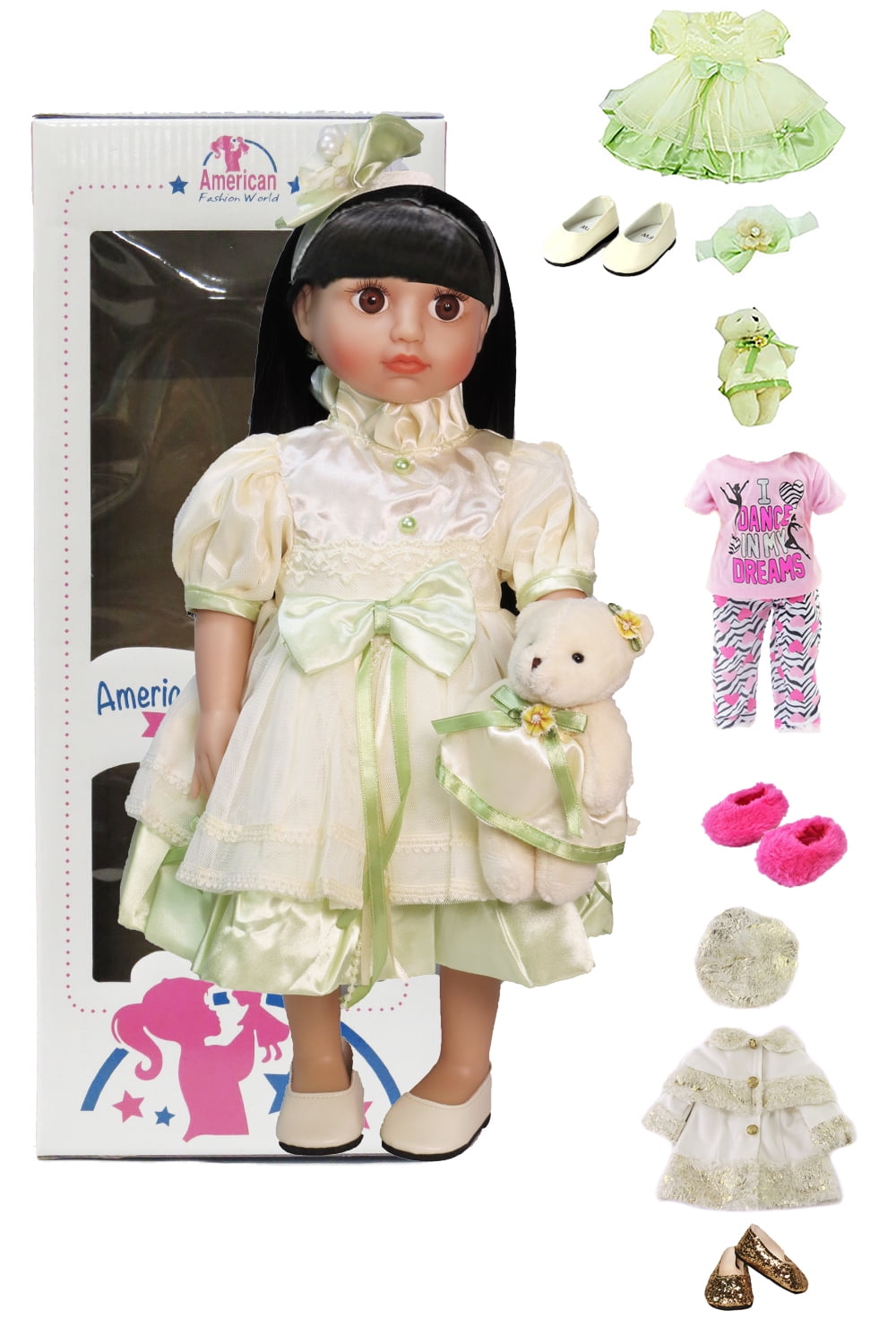 18in Doll Pearl Black Hair Brown Eyes Three Outfits and Box Included ...