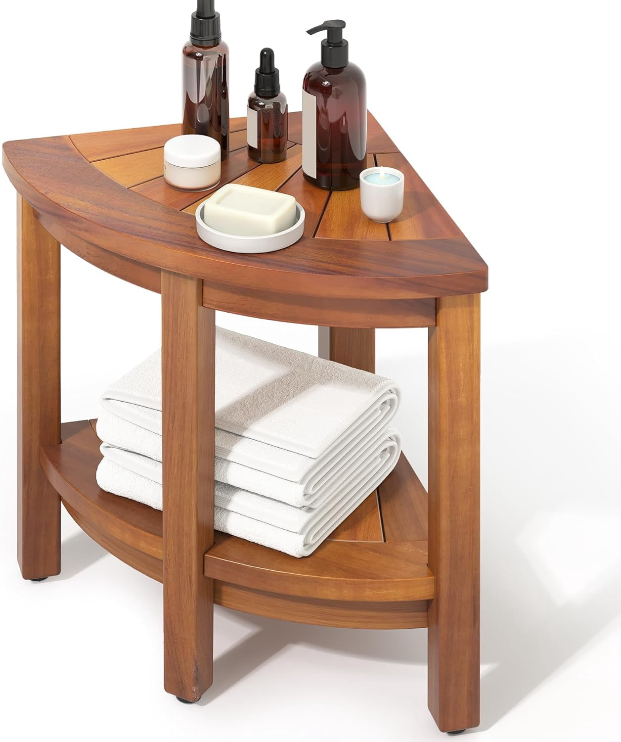 18inch Acacia wood corner shower bench with storage shelf, wooden ...