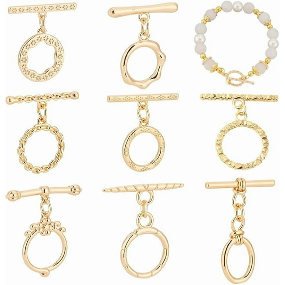 18k Gold Plated Toggle Clasps 8 Styles T-Bar Closure Clasp Flower Ring Oval Brass Iq Toggle ...
