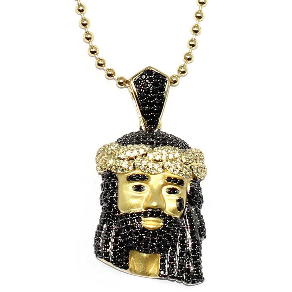 18k Matte Gold Jesus Piece with Black 30mm CZ and 30 inch ball chain ...
