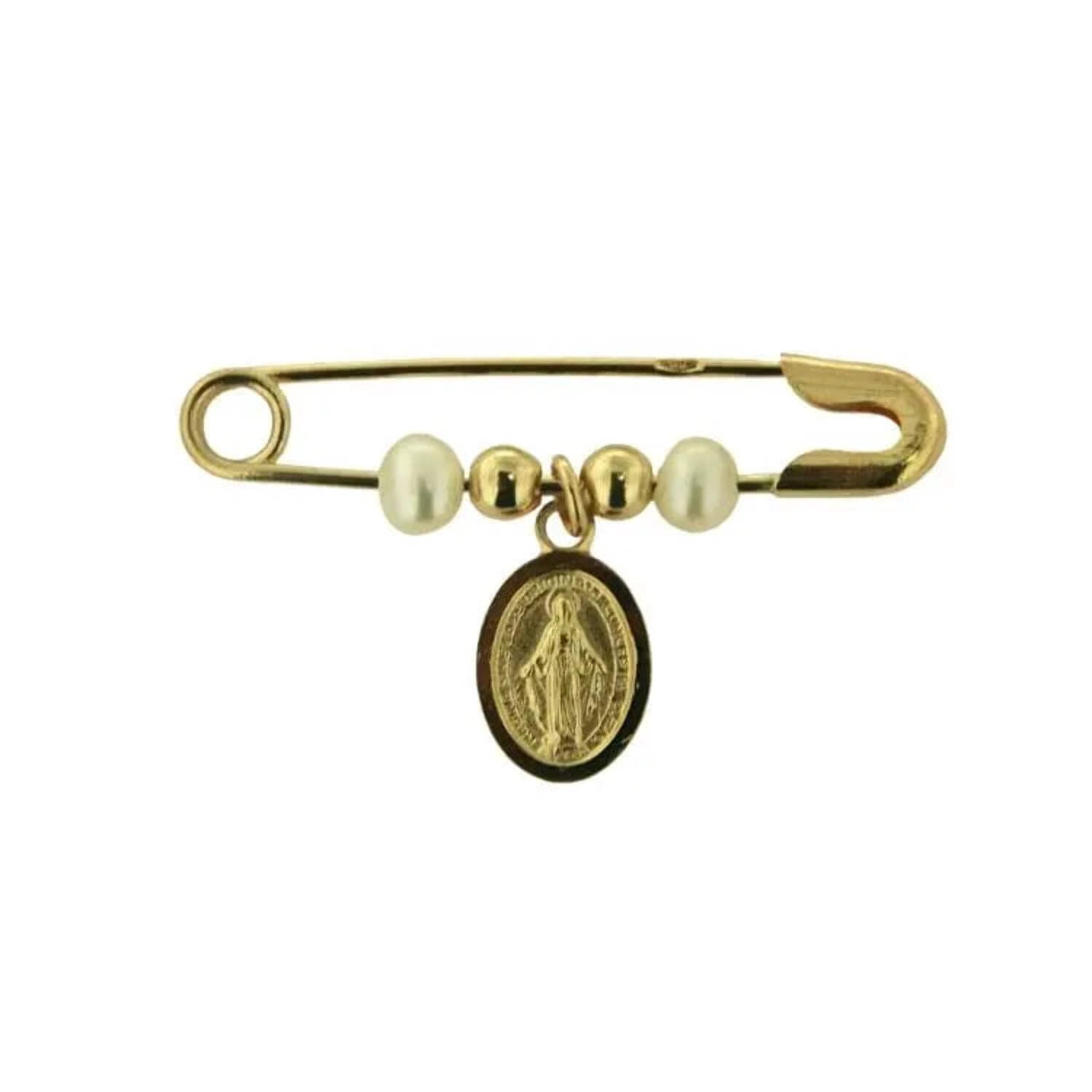 18k Solid Yellow Gold Miraculous Medal and Pearls Safety Pin - Walmart.com