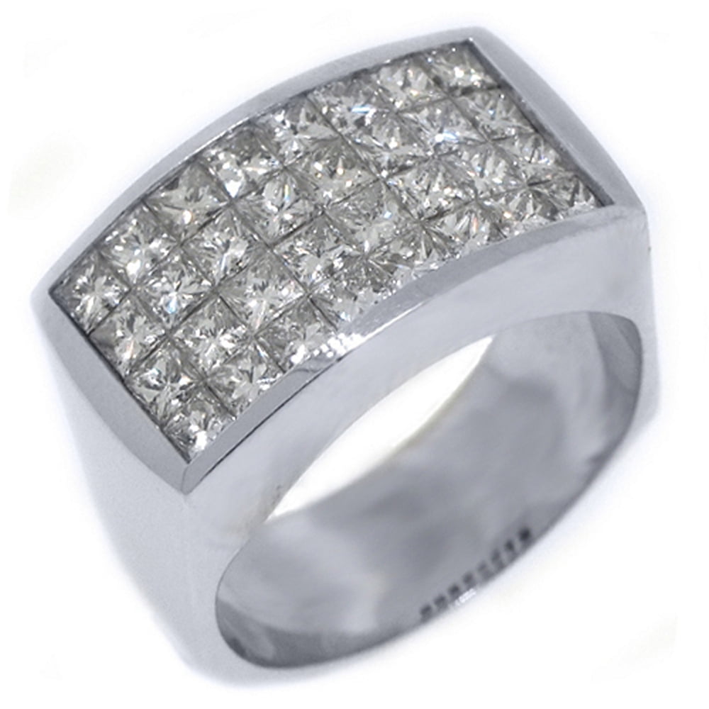 18k White Gold Mens Invisible Princess Cut Diamond Ring 3.68 Carats ...