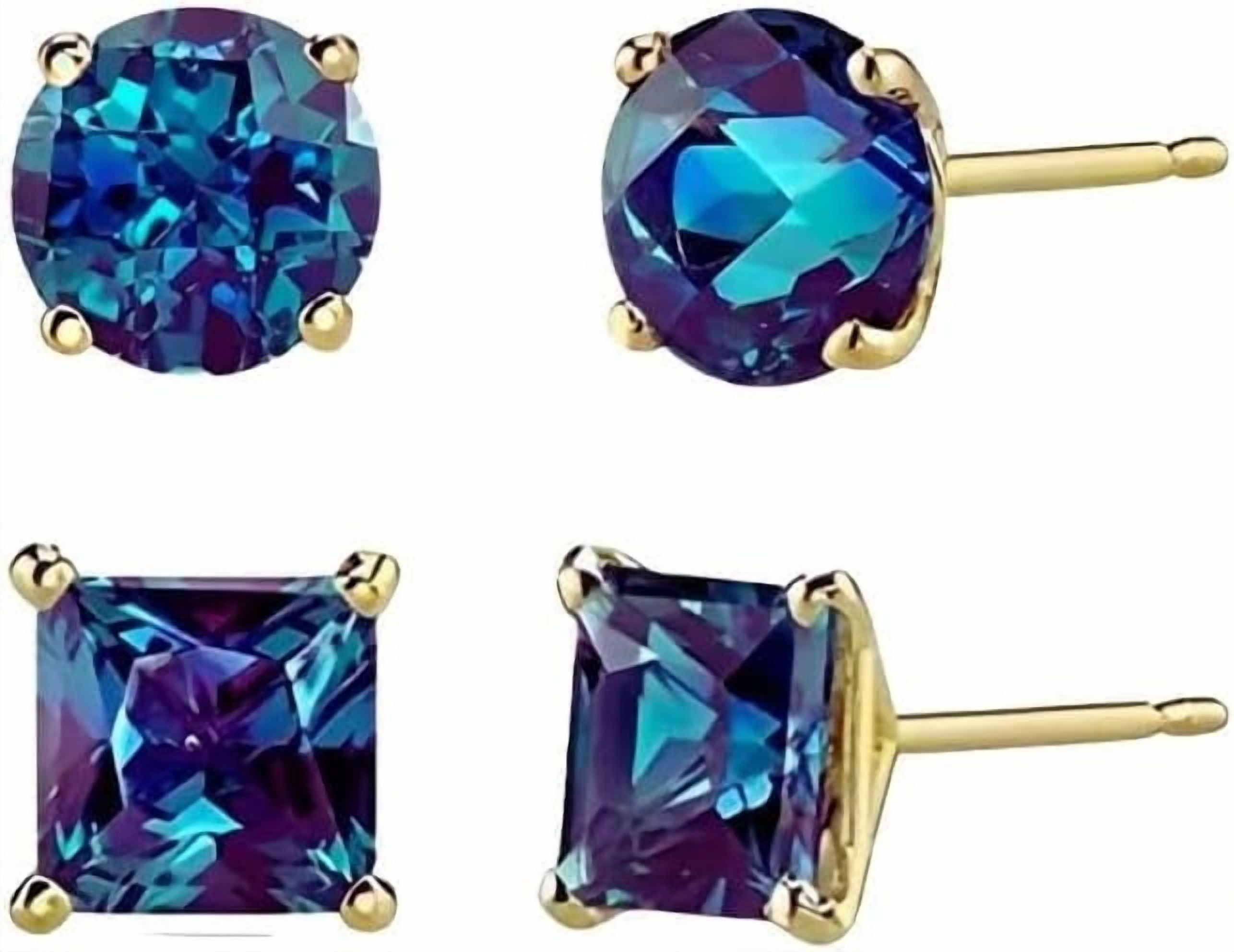 18k Yellow Gold 2 Pair Created Alexandrite 4mm Round & Princess Cut ...