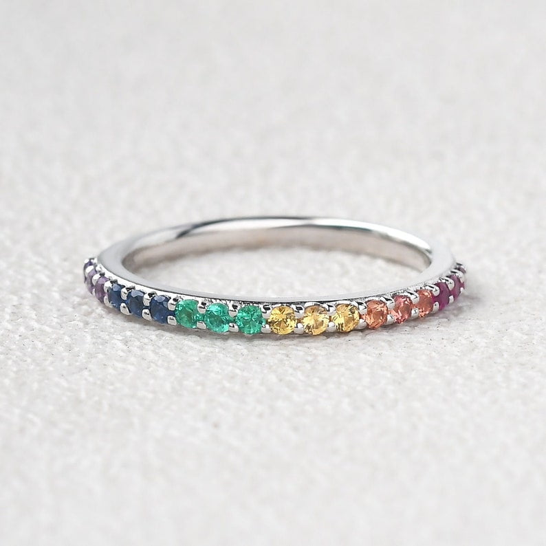 18k gold plated Minimalist Rainbow Gemstones Half Eternity Ring,Ombre ...