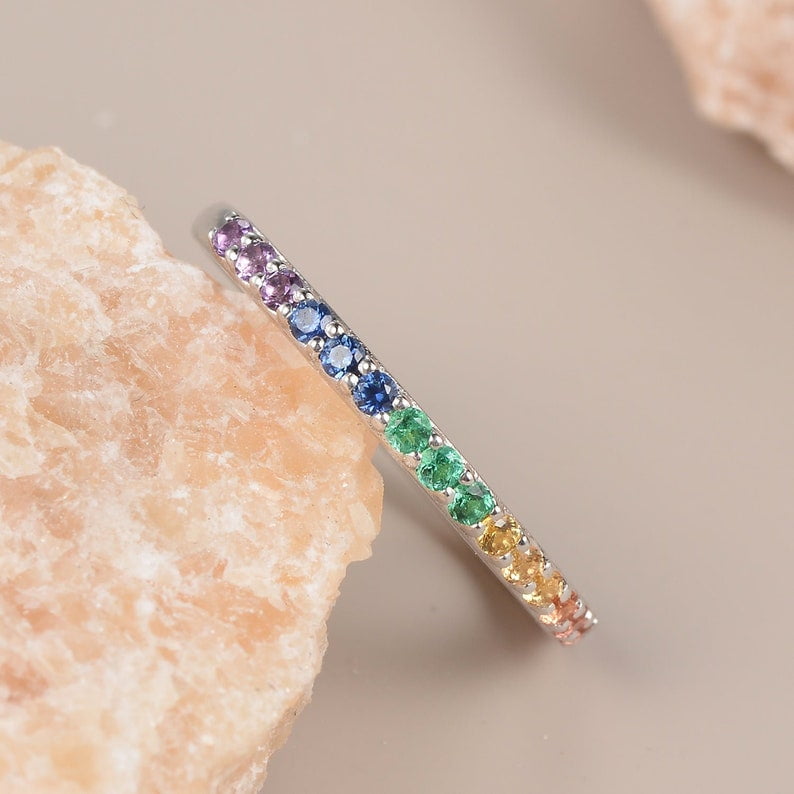 18k gold plated Minimalist Rainbow Gemstones Half Eternity Ring,Ombre ...
