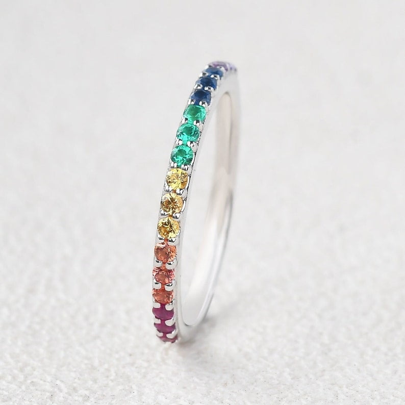 18k gold plated Minimalist Rainbow Gemstones Half Eternity Ring,Ombre ring.multi color eternity ...