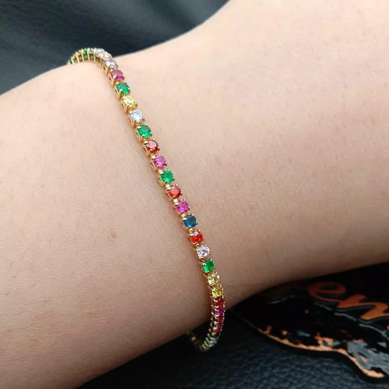 18k yellow gold plated colorful rainbow Sapphire bracelet, Vibrant ...