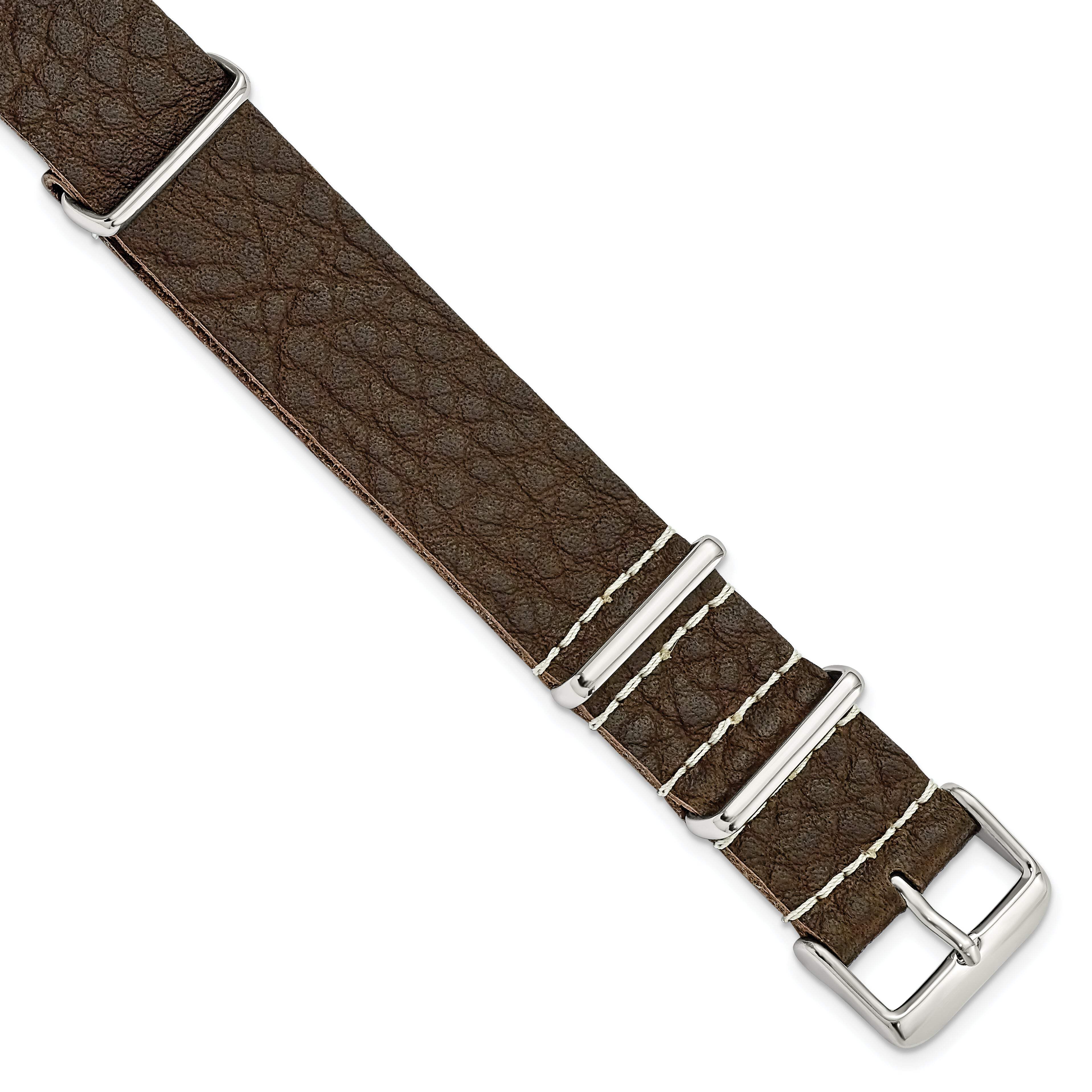 18mm Brown Distressed Leather Military Style 1-Piece with Silver-tone ...