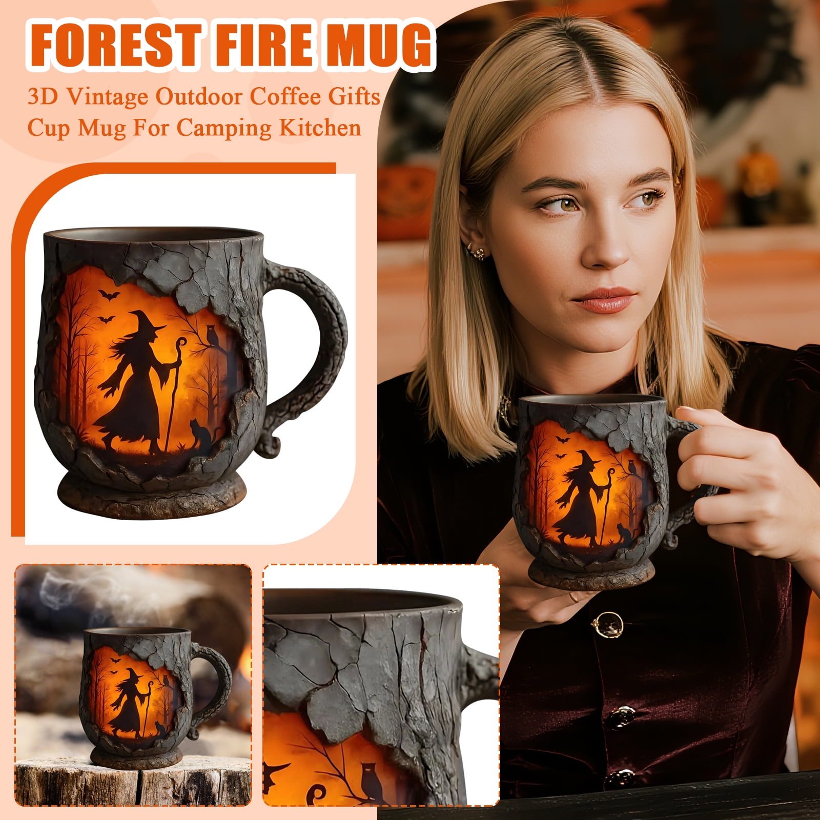 18oz 3D Witch Coffee Mug, Bark Shaped Mug, Witch Forest Fire 3D ...