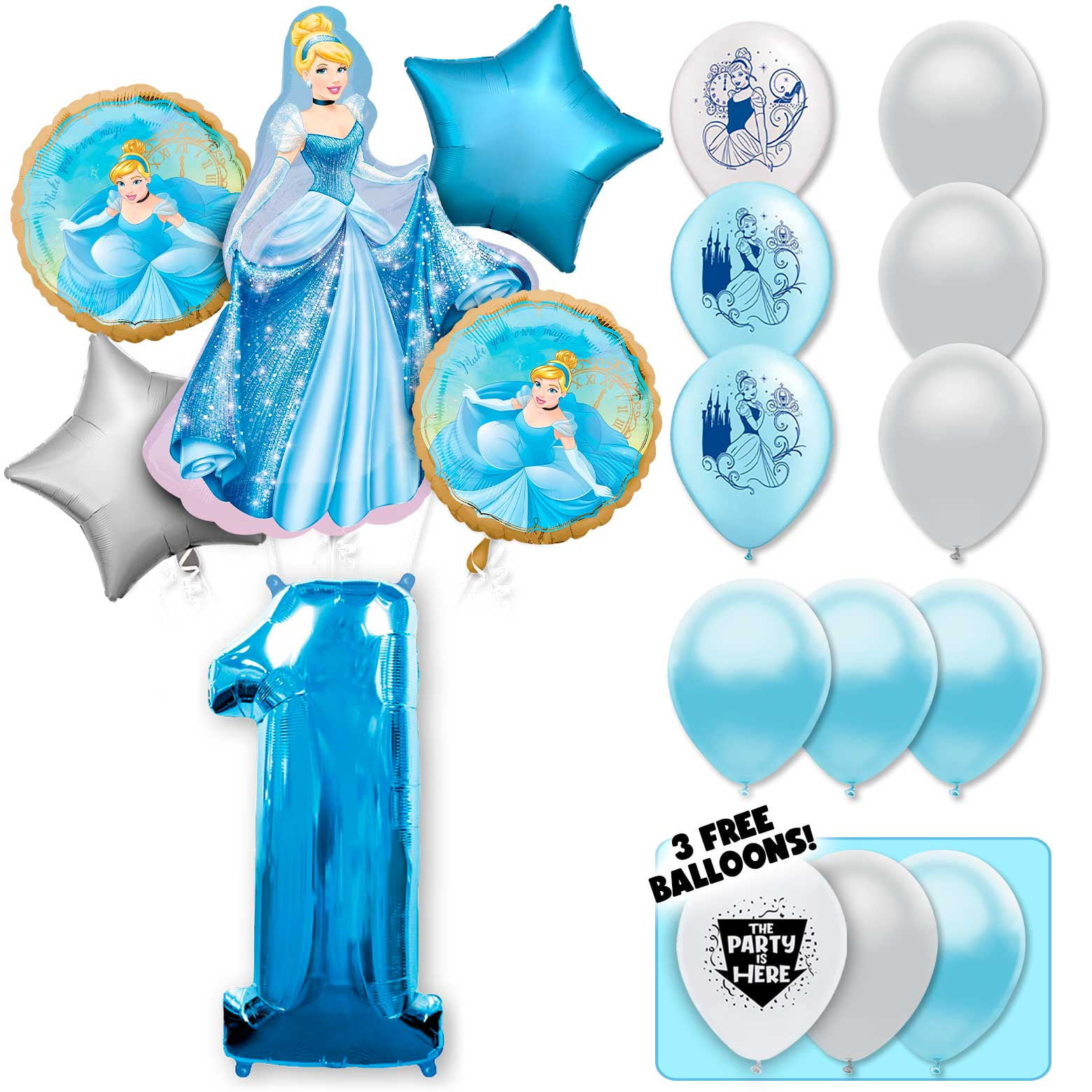 18pc Cinderella Balloons Deluxe Bouquet Kit with 42" Blue Number 1 Foil ...