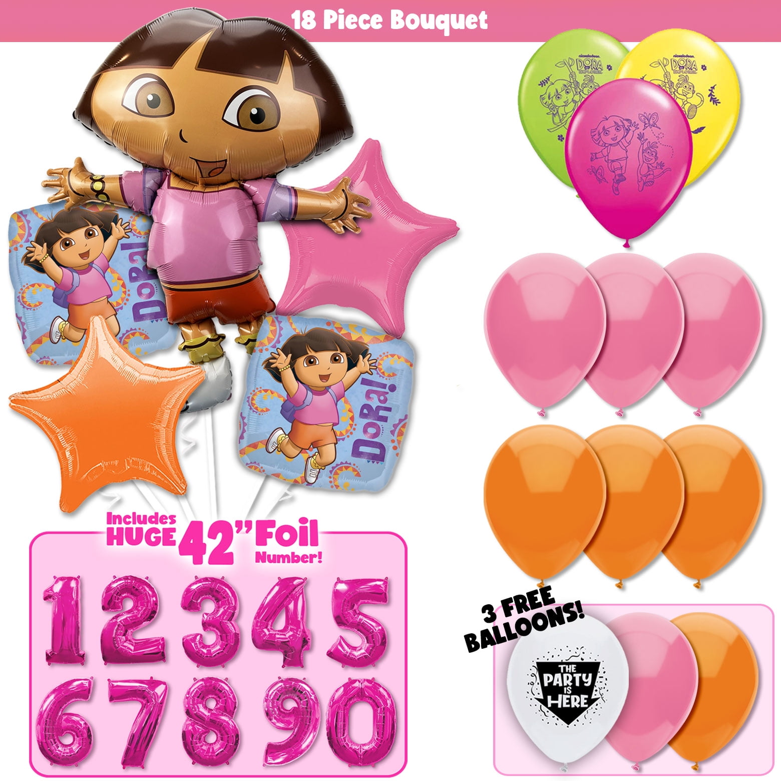 18pc Dora the Explorer Deluxe Balloon Bouquet- with 42" Hot Pink Number ...